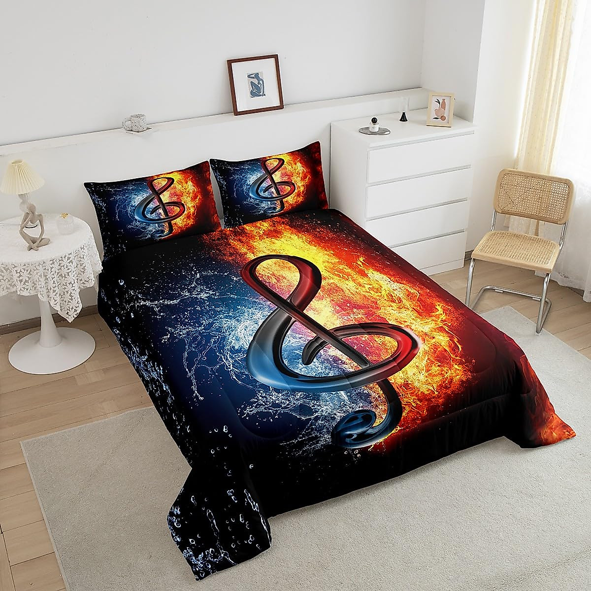 Feelyou Music Themed Comforter Set Water Flame Music Note Print Bedding Set King Size Luxury Musical Comforter for Kids Boys Girls Men Women Decor Hipster Duvet Set Boys