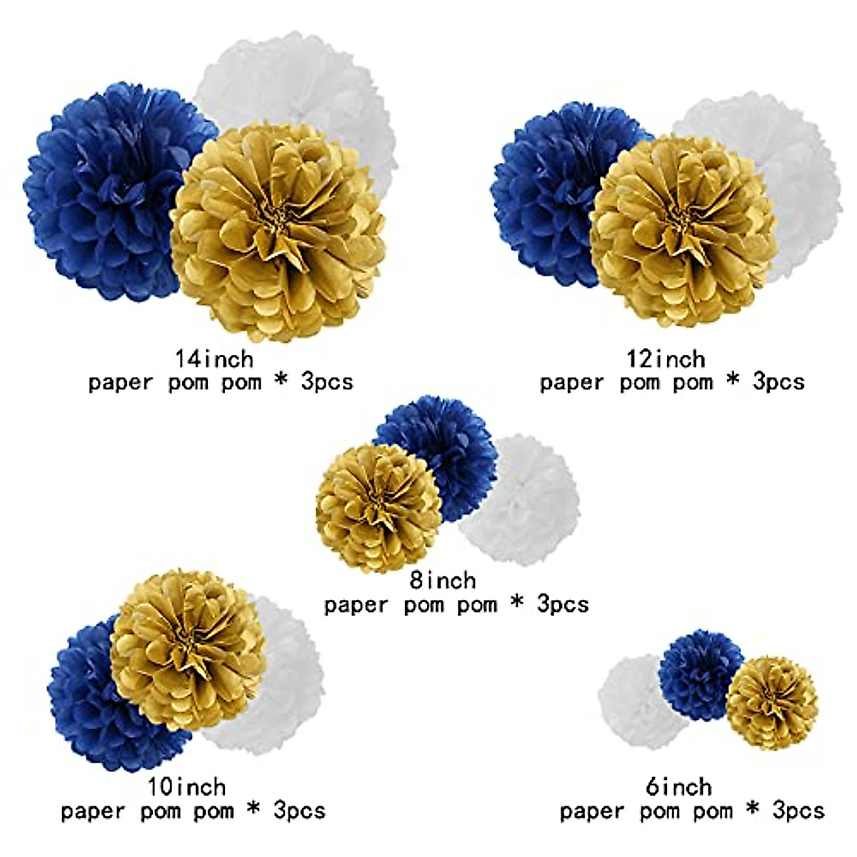 Navy-Blue White Gold Paper Flowers - 15pcs 5 Size Tissue Paper Pom-Poms,Men Birthday Graduation Bachelorette Decorations Baby Boy Room Hanging Decor Engagement Party Backdrop Decoration Panduola