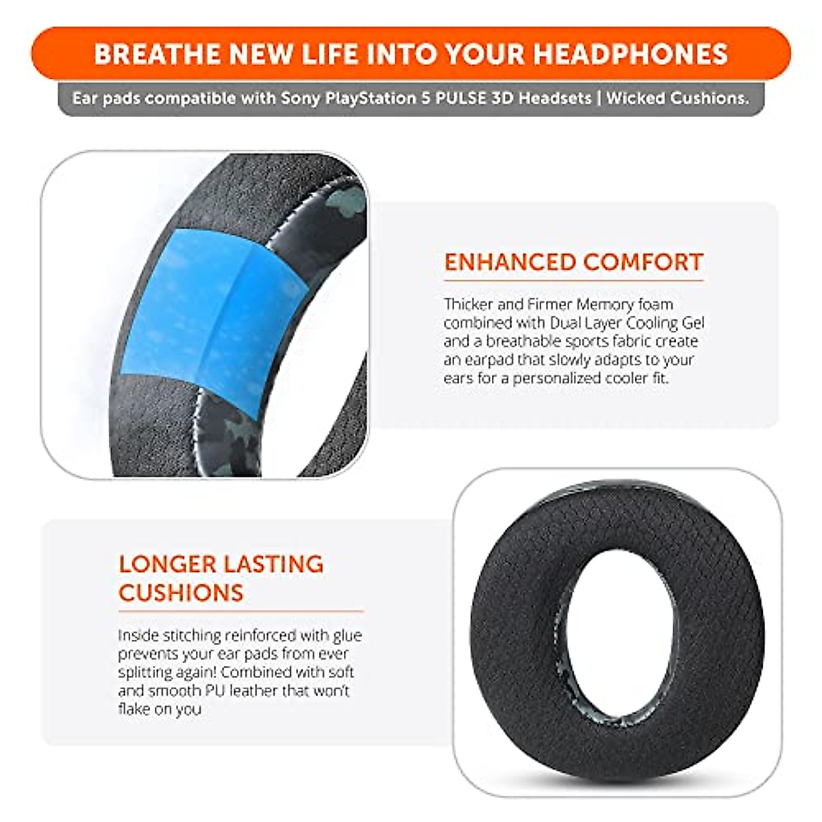 WC Freeze PS5 -  Hybrid Fabric Cooling Gel Replacement Earpads for Sony Playstation 5 PS5 Pulse 3D Headphones Made by Wicked Cushions, Improved Durability, Thickness and Sound Isolation | Black Camo