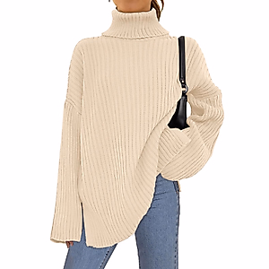 LILLUSORY Womens 2023 Fall Turtleneck Oversized Pullover Chunky Sweaters Cream Fuzzy Long Sleeves High Neck Ribbed Knit Sweater