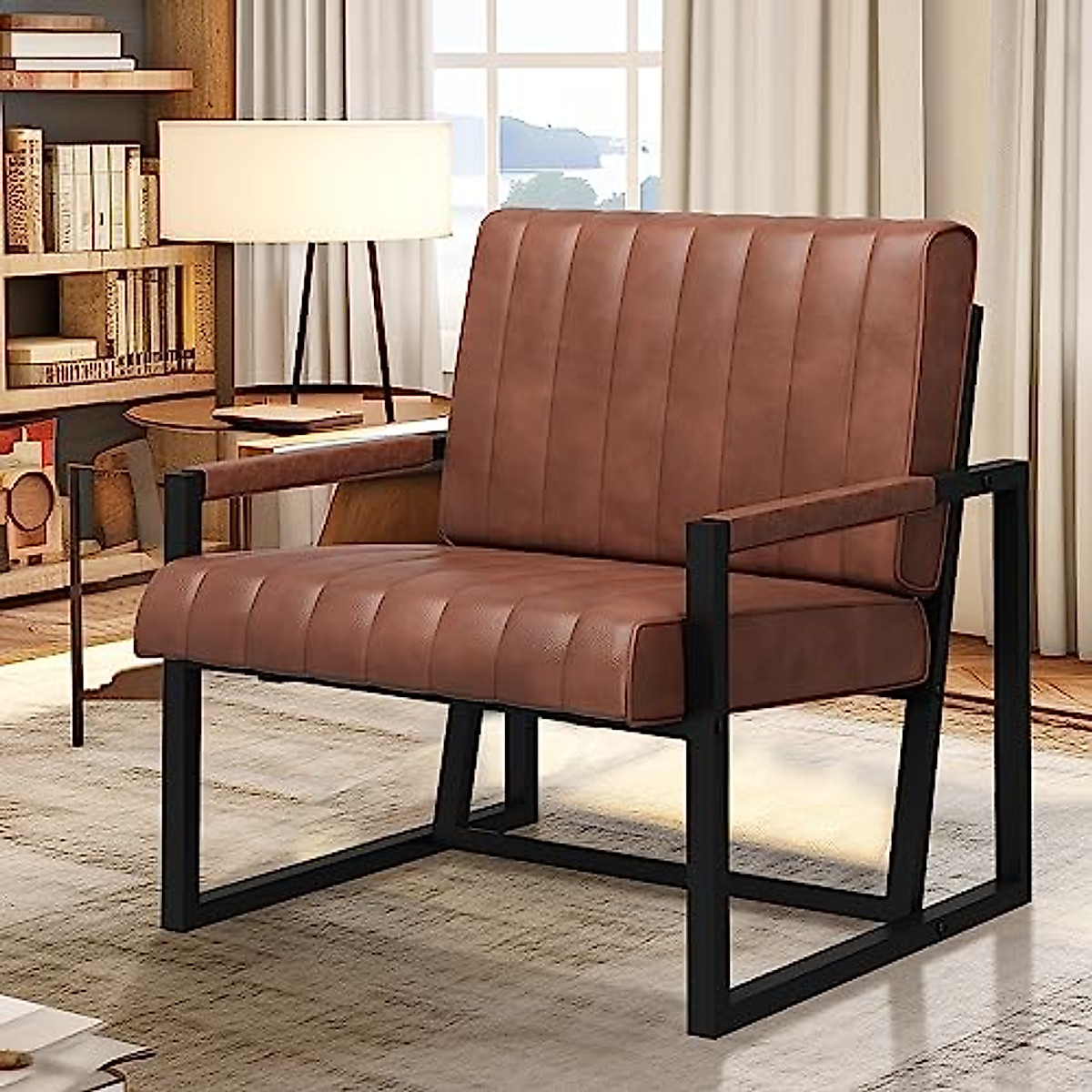 DKLGG Modern Accent Chair Set of 2, Upholstered PU Leather Armchair with Thick Backrest and Seat Cushions, Living Room Chair for Bedroom Apartment Small Space, Ergonomic Design, Brown