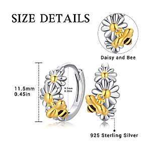 Daisy Hoop Earrings,Hypoallergenic 925 Sterling Silver Bee with Small Flower Hoop Earrings Gift for Women Huggie Earrings for Sensitive Ears