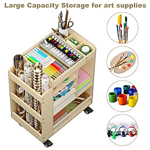 Art Cart,Art Cart Organizer on Wheels,Wrapping Paper Storage Cart,Wooden Art Rolling Cart,Craft Organizers and Storage for Home Office Classroom