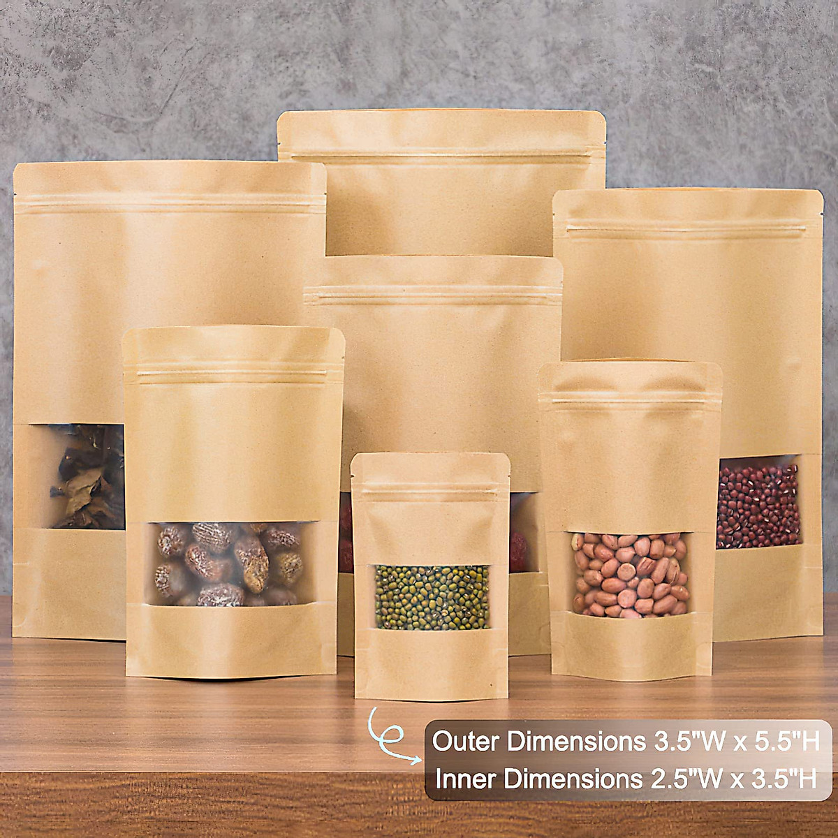 Kingrol 300 Pack 3.5 x 5.5 Inch Mini Kraft Paper Bags with Resealable Lock Seal Zipper &Transparent Window, Stand Up Food Bags