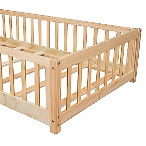 CITYLIGHT Twin Size Floor Bed with Rails and Door, Wood Montessori Floor Bed Twin Size with Support Slats, Kids Twin Bed Frame for Boys,Girls, Natural