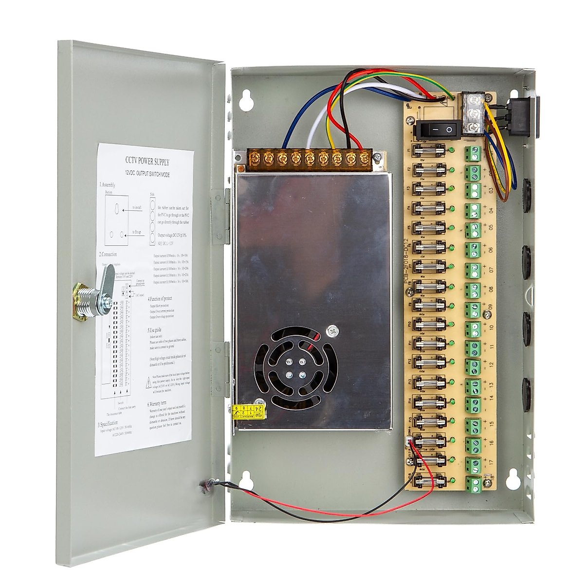 Xenocam 18 Channel Port 12V DC 20 Amp Amper with Glass Tube Fuse Distributed Power Supply Box for CCTV DVR Security System and Camera or Cameras