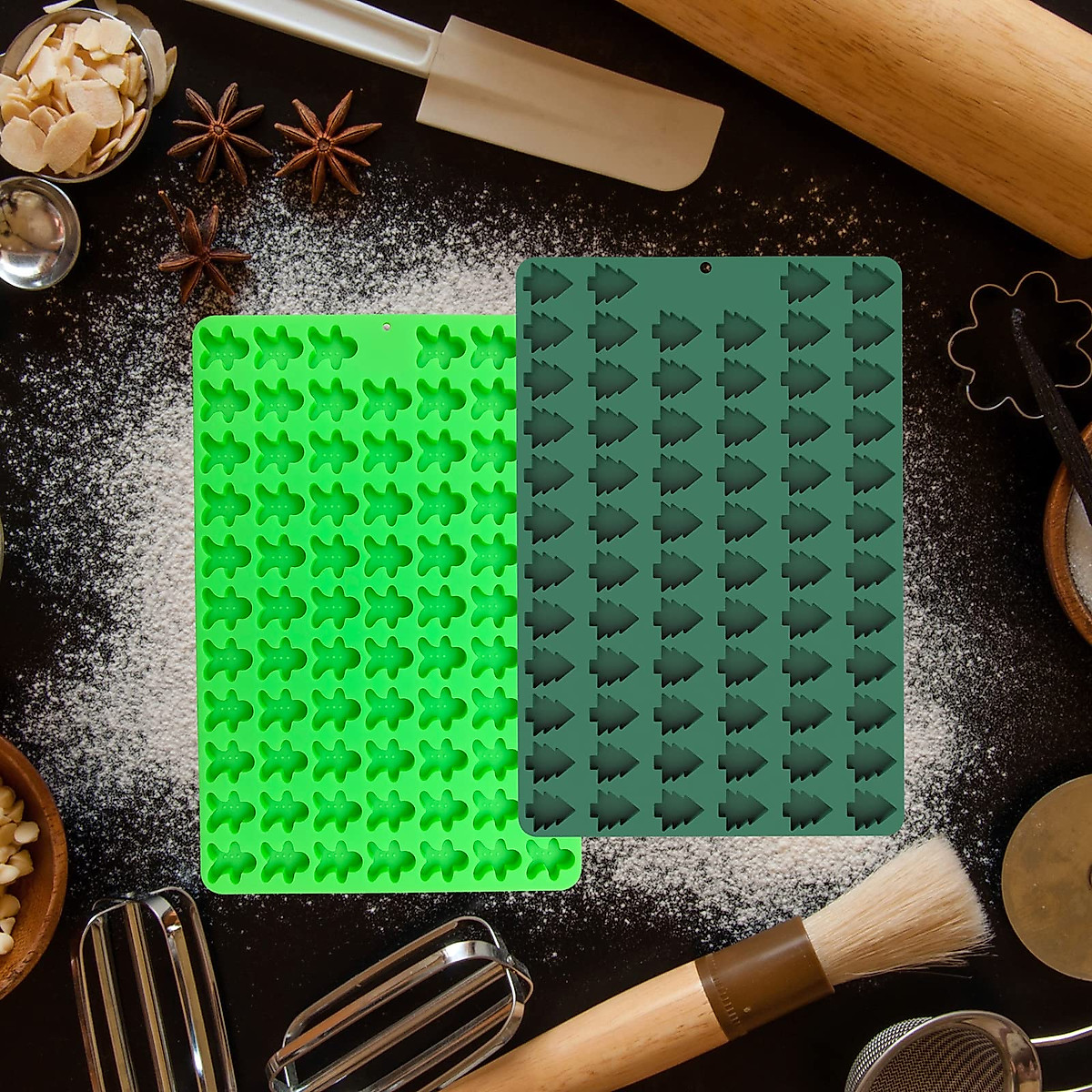 Mini Christmas Molds, Silicone Christmas Tree mold, Gingerbread Man Silicone Mold, Mini Gummy Mold for Baking, Cookies, Pudding, Jelly, Dog Biscuit, Set of 2