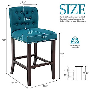 Brage Living 28 Inch Bar Stool, Linen Fabric Button Tufted Barstool with Back, Solid Wood Legs, Nailhead Trim, Upholstered Armless Bar Chair for Kitchen Dining Cafe (Lake Blue)