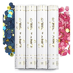 Gender Reveal Confetti Cannon - 2 Blue/Gold 2 Pink/Gold Poppers - Gender Reveal Party Supplies - Confetti Sticks - Gender Reveal Stickers 40 pcs (20 Girl 20 Boy)