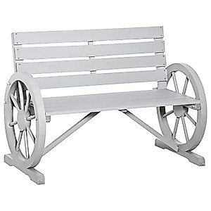 Outsunny Wooden Wagon Wheel Bench, Rustic Outdoor Patio Furniture, 2-Person Seat Bench with Backrest, Light Grey