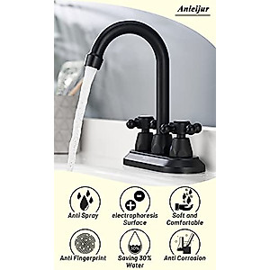 Anleijur Black Bathroom Faucet, Two Handle Bathroom Sink Faucet, 4 Inch Centerset Matte Black Bathroom Sink Faucet with Pop Up Drain, 360 Swivel Spout 2 or 3 Hole RV Bathroom