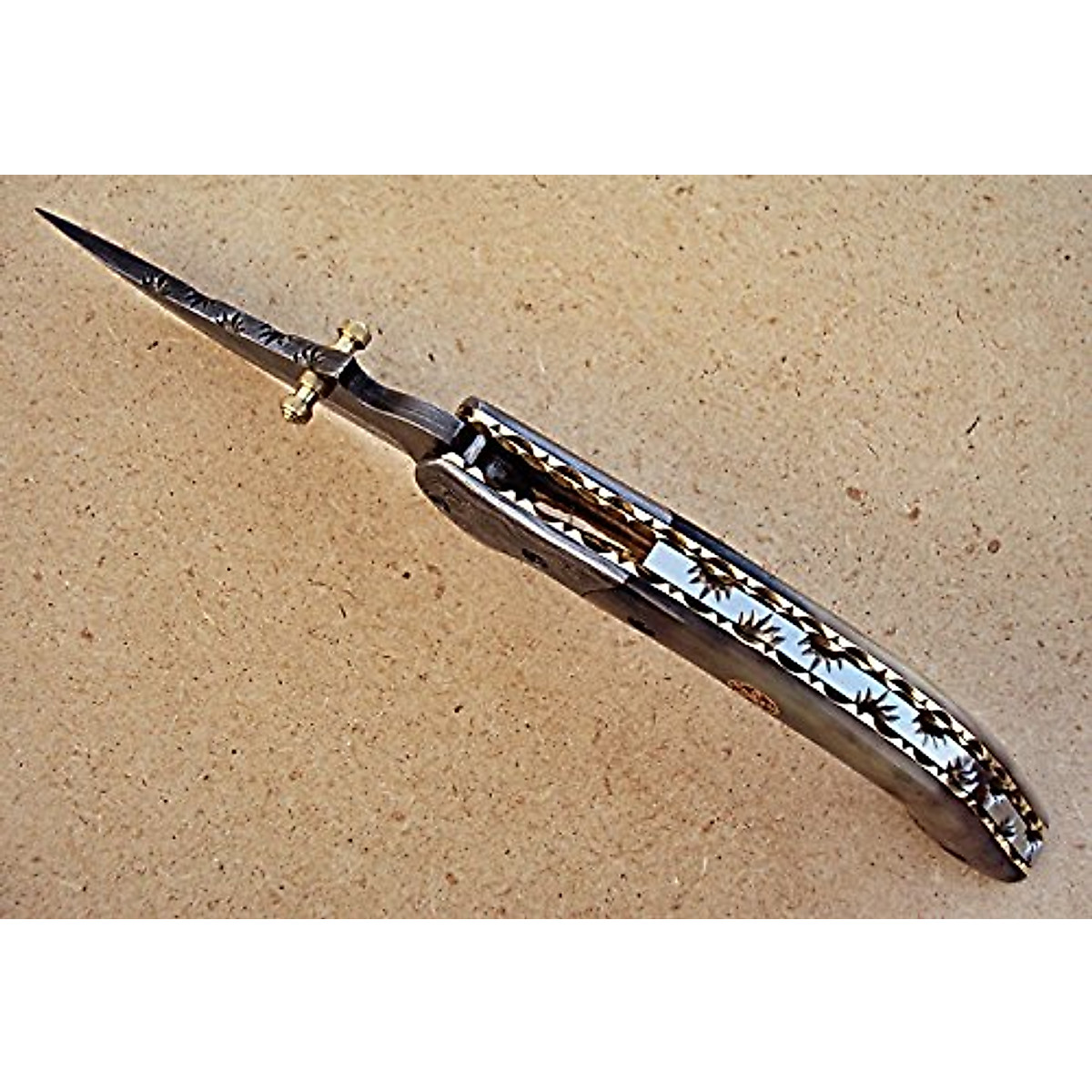 Limited Edition - FNA-32 Custom Handmade Damascus Steel Folding Knife - Beautiful Camel Bone Handle with Damascus Steel Bolsters