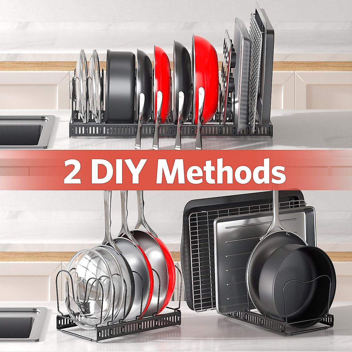 ORDORA Pots and Pans Organizer: Under Cabinet, 11.8''-22.8'' Extendable 12 Adjustable Dividers Pot/Pan Organizer Rack for Kitchen Cabinet Organizer