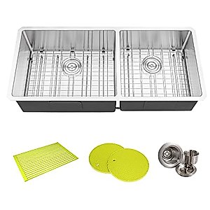CozyBlock 42 in. x 19 in. x 10 in. 16-Gauge Stainless Steel Undermount 60/40 Offset Double Bowl Kitchen Sink with Bottom Grid, Silicon Dishrack, Pot Mat and Strainer