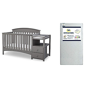 Delta Children Abby Convertible Crib 'N' Changer, Grey + Serta Perfect Slumber Dual Sided Recycled Fiber Core Crib and Toddler Mattress (Bundle)