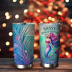 20oz Mermaid Tumbler, Sassy Since Birth Salty by Choice, Gifts for Mermaid Lovers, Coffee Thermos for Women, Stainless Steel Double Wall Vacuum Insulated Coffee Mug, Travel Cup with Lid