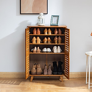 Shoe Storage Cabinet, 4 Tier 5 tier Bamboo Shoe Organizer with Doors, Shoe Cabinet with 2 Doors for Entryway, 4 Tier Shoe Storage Cabinet for Closet, Living Room, Bedroom