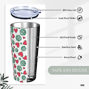 20oz Tumbler Heart Shaped Watermelon Double Wall Vacuum Insulated Coffee Mug with Lid and Metal Straw Brush Reusable Stainless Steel Water Bottle Travel Cup Gifts for Car Ice Drinks Hot Beverage