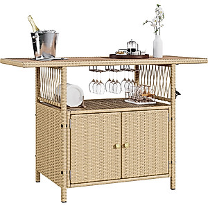 YITAHOME XL Outdoor Storage Cabinet Patio Wicker Bar Table w/Plastic Wood Tabletop, Wine Glass Holders and Built-in Bottle Opener, Light Brown