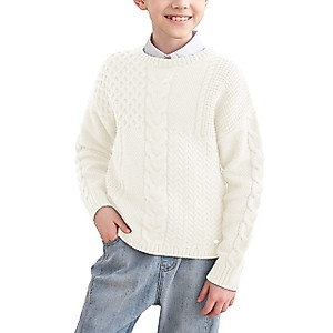 Kid Boys Girls Crewneck Pullover Sweater Long Sleeve Solid Color Chunky Jumper Knit Pullover Outwear,White,7-8 Years