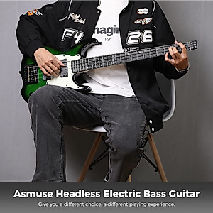 Asmuse Headless Electric Bass Guitar, Full Size Electric Bass Guitar Kit, HH Pickup Solid Body Electric Bass Guitar, Guitar Beginner Set with Gig Bag and Accessories (Green)