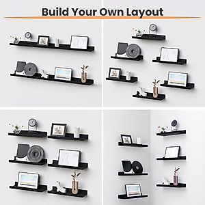 upsimples Floating Shelves for Wall, Wall Shelves for Decor Storage Set of 6, Wall Mounted Wood Shelves for Bedroom, Living Room, Bathroom, Kitchen, Picture Ledge Shelves, Black