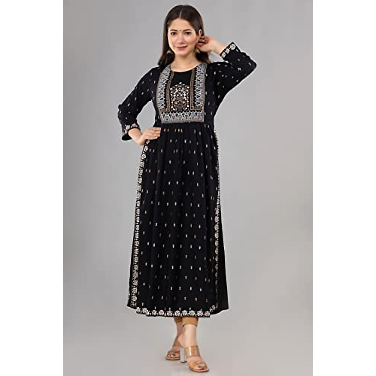 Women's Rayon Printed Nayra Cut Kurti (as1, alpha, 3x_l, regular, regular, Black)