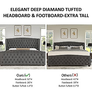 AMERLIFE Queen Size Platform Bed Frame, Velvet Upholstered Bed with Deep Button Tufted & Nailhead Trim Wingback Headboard/No Box Spring Needed/Grey