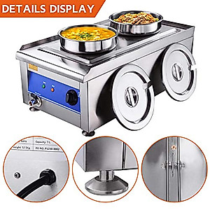 1200W Commercial Food Warmer with Dual 7L Pots Stainless Steel Countertop Steam Table Soup Restaurant Buffet，Easy Cleaning and Simple Maintenance