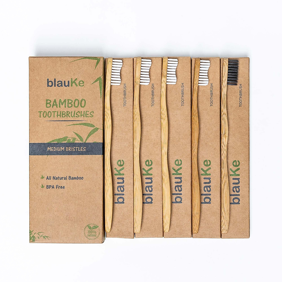Bamboo Toothbrushes Medium Bristles 5-Pack – 4 White Wooden Toothbrushes, 1 Black Charcoal Toothbrush – Biodegradable Natural Eco Friendly