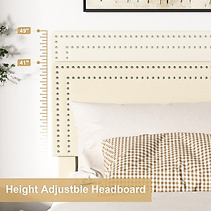 Queen Bed Frame with 4 Storage Drawers, Modern BedFrame with Rivet Adjustable Headboard, Platform Mattress Foundation, Metal Frame Structure with Wooden Slats Support, No Box Spring Needed, Beige