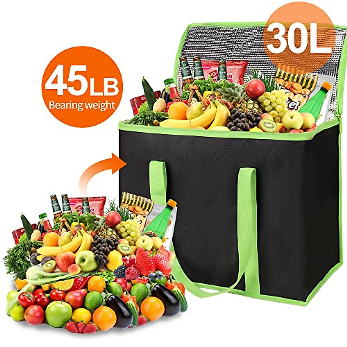 Bodaon 4-Pack Insulated Pizza Delivery Bags, X-Large Reusable Grocery Shopping Bags, Black with Green Edge