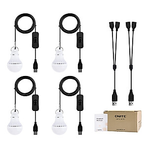 Onite 4-Pack USB Camping Lantern, Portable LED Light Bulb w/ Y-Spliter Cable, High Brightness, Low Energy Consumption, for Power Outage, Hurricane Season, Outdoor Patio, BBQ, Hiking Lighting, Tent