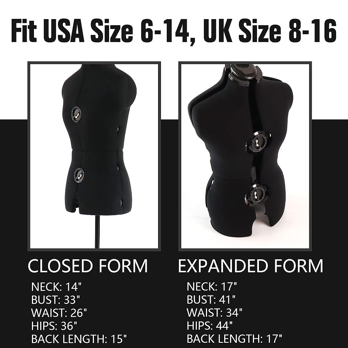 PDM WORLDWIDE Black Dress Form Adjustable Mannequin for Sewing, Female Size 6-14 Pinnable Body Form with 13 Dials & Detachable Casters, 42.5"-60" Height Range for Clothing Display, Small to Medium