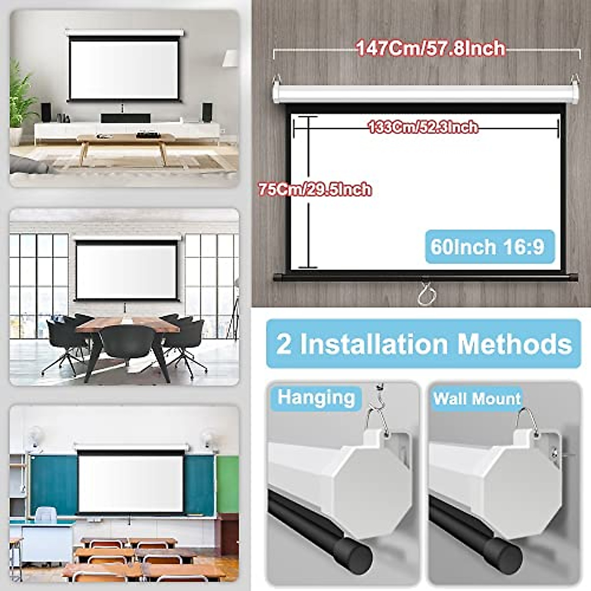 Manual Pull Down Projection Screen, 60-inch Portable HD Movie Screens, Wall-Mounted/Hanging Projector Screen, Anti-Rust Metal Shell, Support 4:3 16:9 3D 4K (Size : 60Inch 16-9)