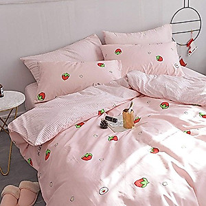 AOJIM Duvet Cover Set Pure Cotton Cute Pink Anime Bedding Set 3 PCS with Zipper Closure, 1 Kawaii Strawberry Duvet Cover and 2 Pillowcases, Japanese Style Quilt Cover Queen, No Comforter