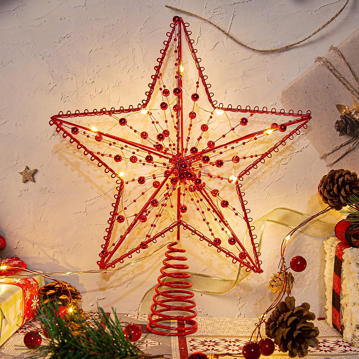 LAWOHO Christmas Tree Topper Star, 10 Inch LED Star Tree Topper, Red Beads Design Christmas Tree Star, Battery Powered Lighted Xmas Tree Topper for Holiday Seasonal Christmas Tree Decorations