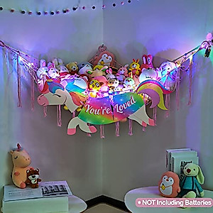 FIOBEE Stuffed Animal Net or Hammock with LED Light, Toy Hammock Net with Banner Stuffed Animal Storage Organizer Hanging Kids Room Wall Decor for Nursery Playroom Bedroom, Unicorn