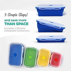 Collapsible Silicone Food Storage Containers - 16 Pcs Set with Lids Made by Silictek - Food Grade Travelling Measuring Cups - Measuring Spoons & Sporks- Portable & BPA Free - 4x Each