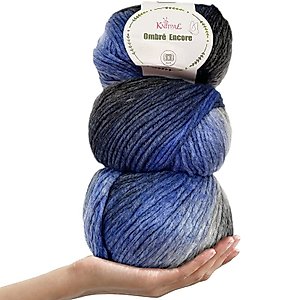 Ombré-Encore Super Soft Large Jumbo Multicolor Self-Striping Yarn #5 Weight for Knitting & Crocheting Chunky Scarves, Blankets, Hats, Shawls, 3 Balls, 507yds/420g (Hurricane Blue)