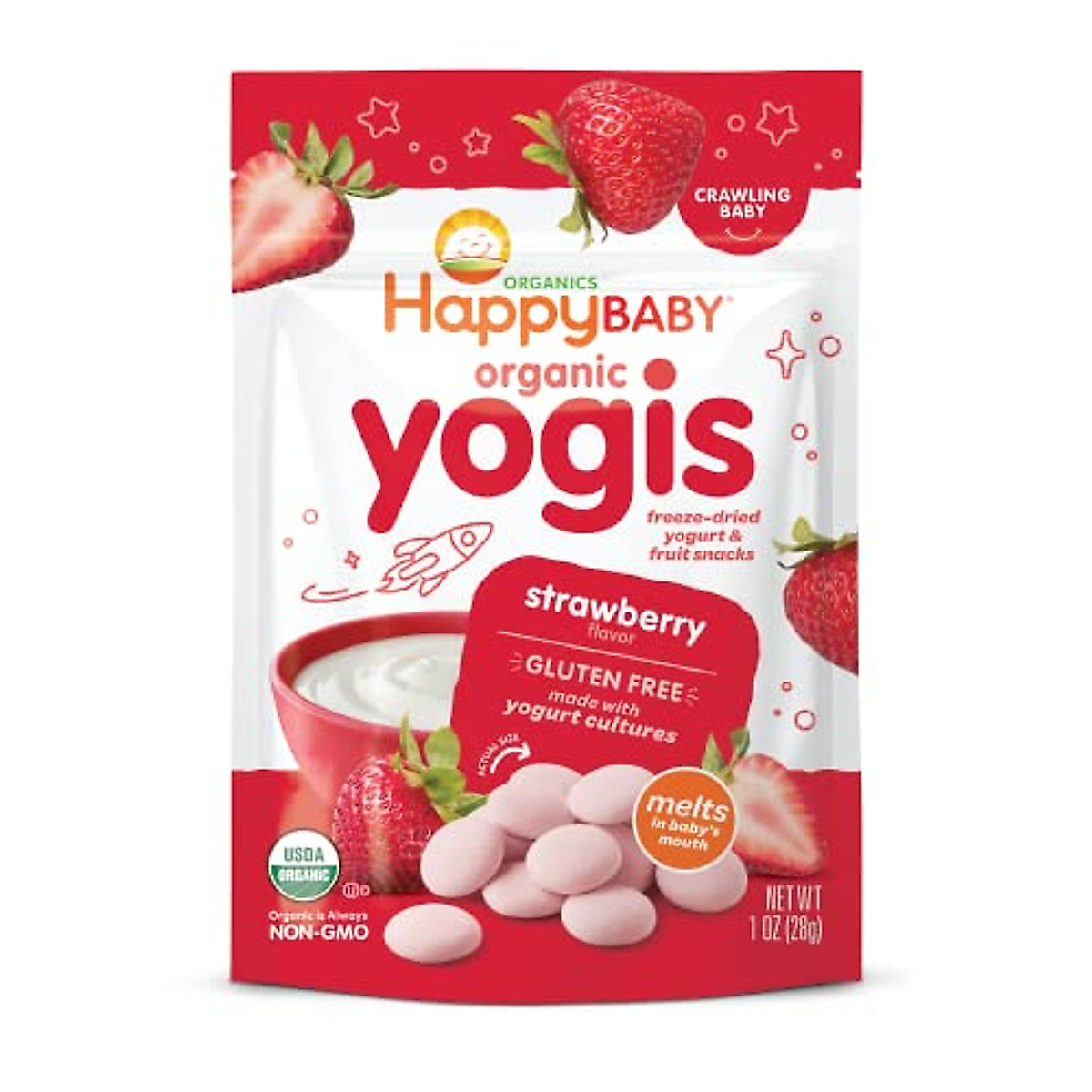 Happy Baby Organic Yogis Freeze-Dried Yogurt & Fruit Snacks Strawberry, 1 Ounce Bag Organic Gluten-Free Easy to Chew Probiotic Snacks for Babies & Toddlers
