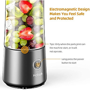 Portable Blender USB Rechargeable, Hotsch Personal Size Blender for Shakes and Smoothies, Strong Cutting Power with Six Blades, 13.5Oz Juicer Cup for Sports, Travel