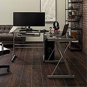 Walker Edison Ellis Modern Glass Top L Shaped Corner Gaming Desk with Computer Keyboard Tray, 51 Inch, Smoke