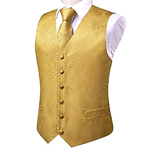 Dubulle Mens Suit Vest and Tie Set Paisley Floral Waistcoats for Men with Necktie Pocket Square Cufflinks Tuxedo Wedding,Gold,Large
