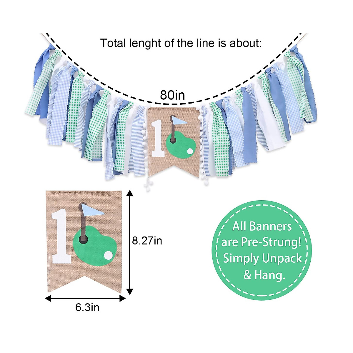 1st Birthday Highchair Banner,Golf Theme 1st Birthday Banner, One Banner 1st Birthday Boy, Highchair Banner 1st Birthday Boy, Happy Birthday Banner, Green Blue First Birthday Golf Theme Party Toppers