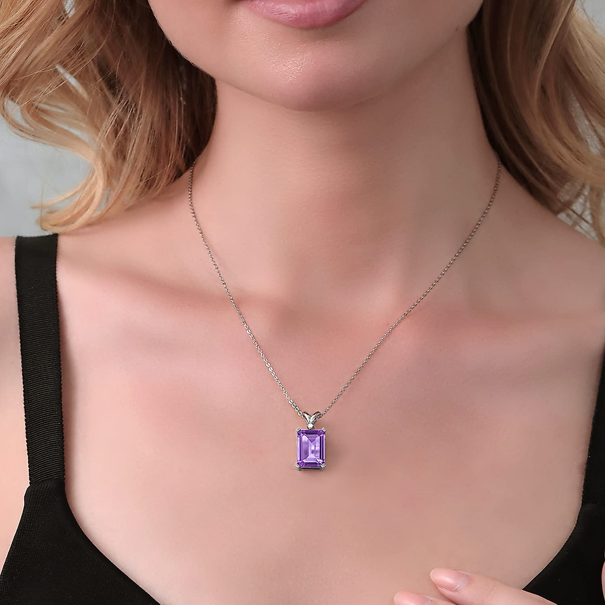 Gem Stone King 925 Sterling Silver Purple Amethyst and White Diamond Pendant Necklace For Women (6.27 Cttw, Gemstone Birthstone, Emerald Cut 14X10MM, With 18 Inch Silver Chain)