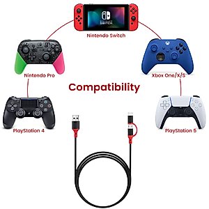 weishan 2-Pack Charger for PS5 PS4 Xbox One Xbox Series X/S Wireless Game Controllers, 2-in-1 Charging Cable USB C & Micro USB Cord Compatible with Nintendo Switch, 10ft
