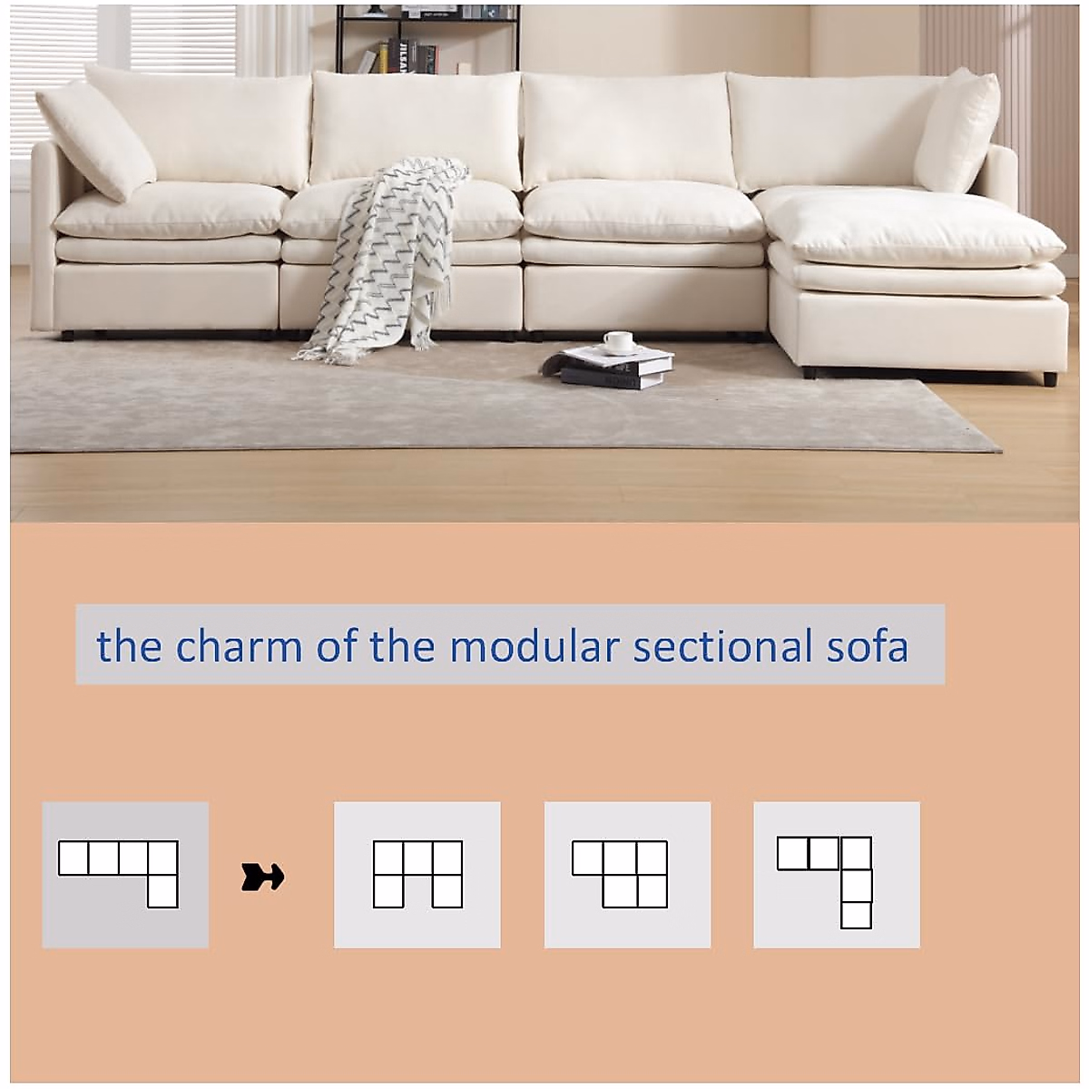 VASOENY 130 X 64.2'' Modular Sectional Couch, 5 Seat Upholstered L Shaped Sofa Couch, Modern Corner Sofa Couch with 6 Pillow for Living Room, Office, Convertible Chaise Lounge