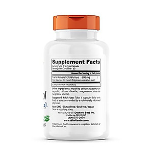 Doctor's Best Trans-Resveratrol 600, Non-GMO, Vegan, Gluten Free, Soy Free, 600 mg, 60 Veggie Caps (DRB-00416)