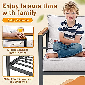 Greesum 4 Piece Furniture Patio Lounge Conversation Set Solid Wood Armrest & Table Top Anti-Drop Thick Waterproof Cushion, Beige